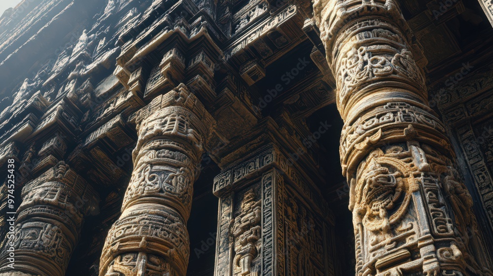 The elaborate carvings on a temple pillars and walls, depicting ...