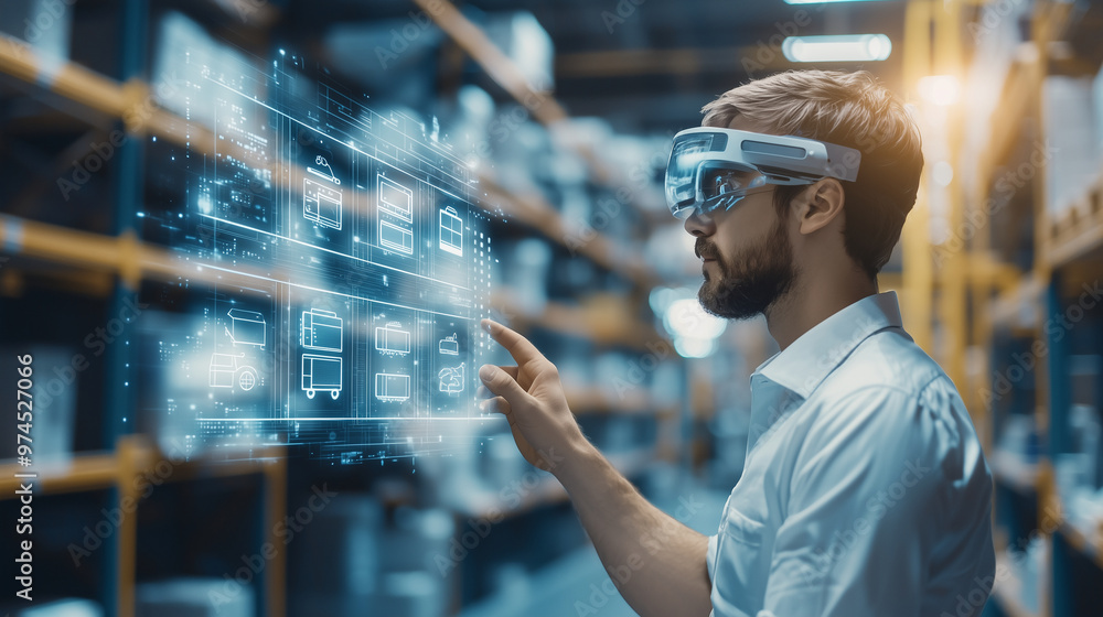 futuristic scene where a user interacts with an augmented reality interface to track the ...