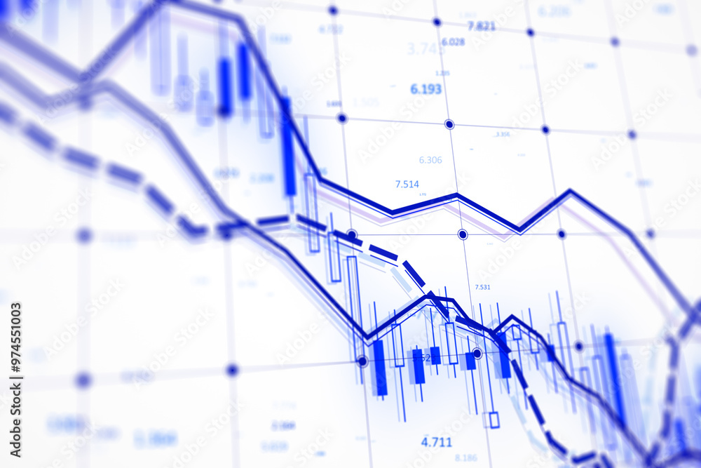 Blue financial charts and graphs with various data points shown on a ...