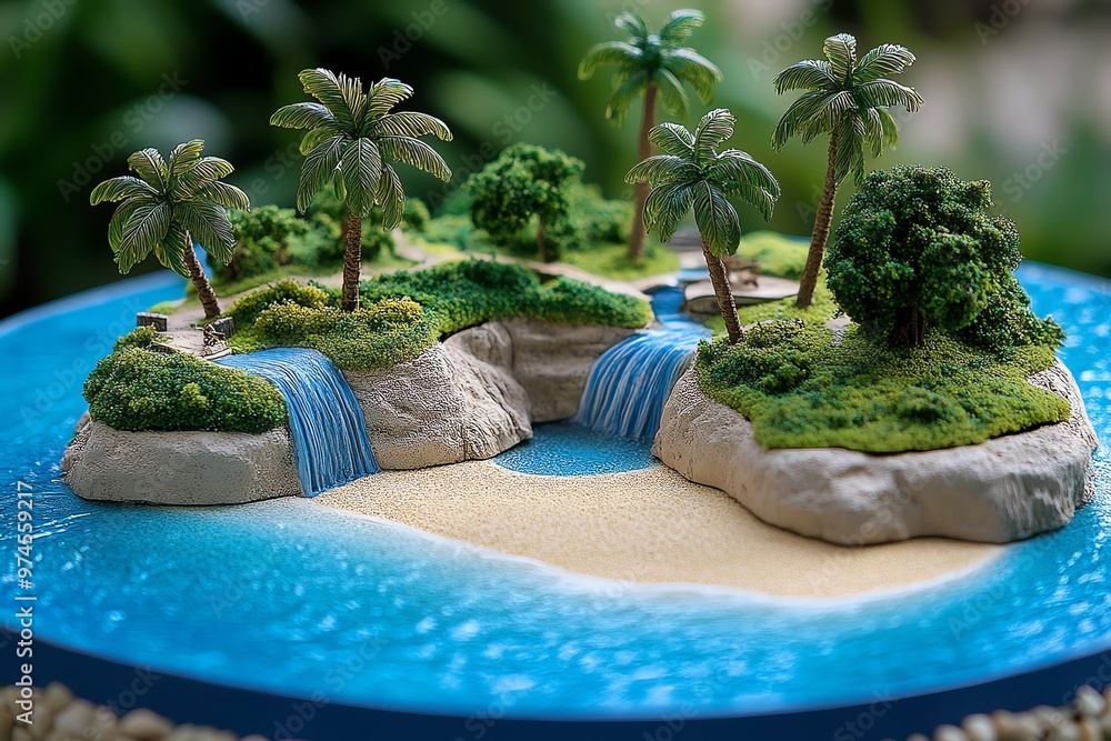 Miniature Park recreating a tropical island scene, with tiny palm trees ...