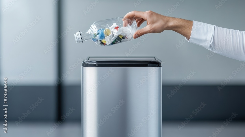 Close-up hand carefully pouring trash into a sleek, modern recycling ...