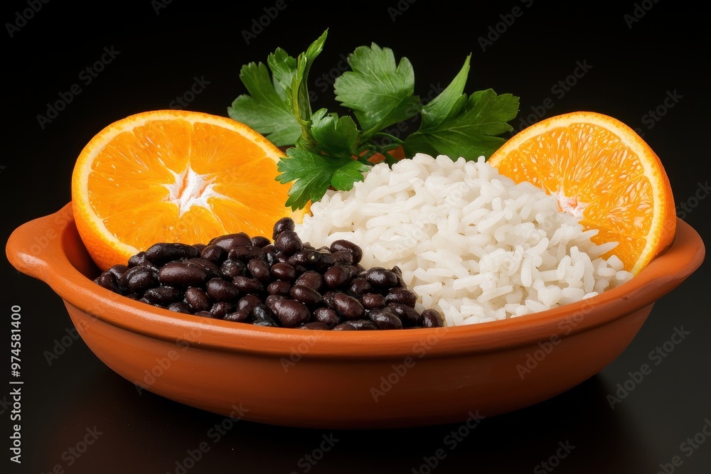 Brazilian feijoada meal, with black beans, rice, and pork served in a ...