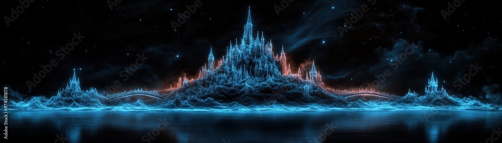 Set against a dreamy black backdrop, a luminous blue crystal castle ...