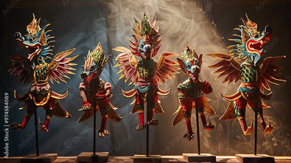 Intricate Southeast Asian shadow puppets, known as wayang kulit, with ...