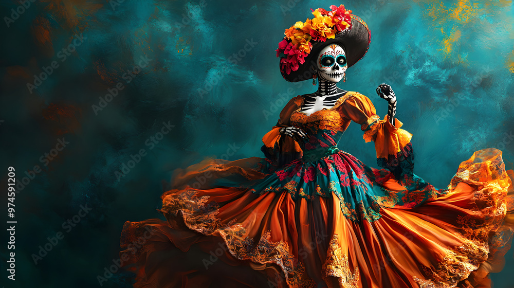 una catrina elegante con un vestido tipico mexicano en movimiento baile ...
