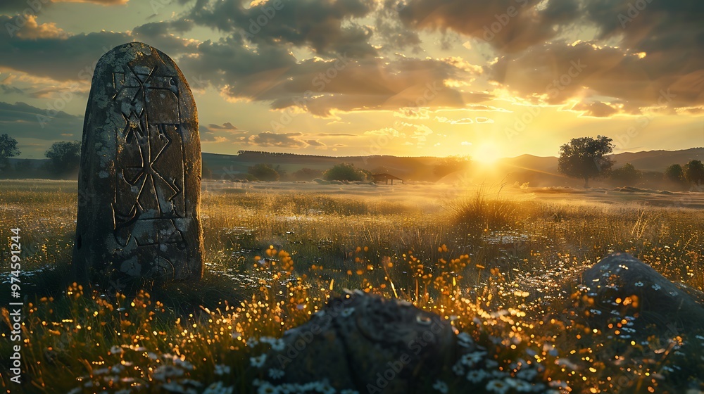 Stock-Illustration „Ancient Norse runes carved on a standing stone ...
