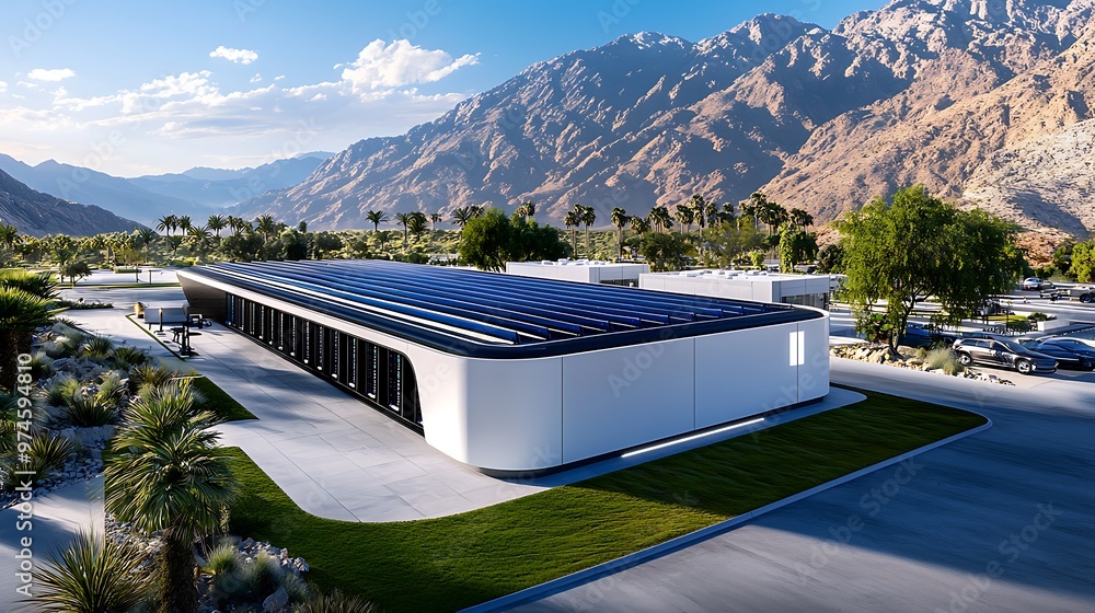 A modern data center equipped with solar panels blends into a scenic ...