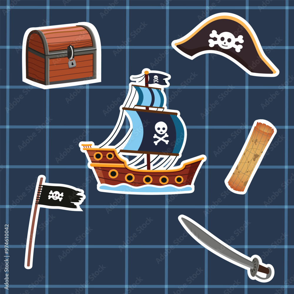 Sticker of pirate elements with treasure chest, pirate hat, sword, ship ...