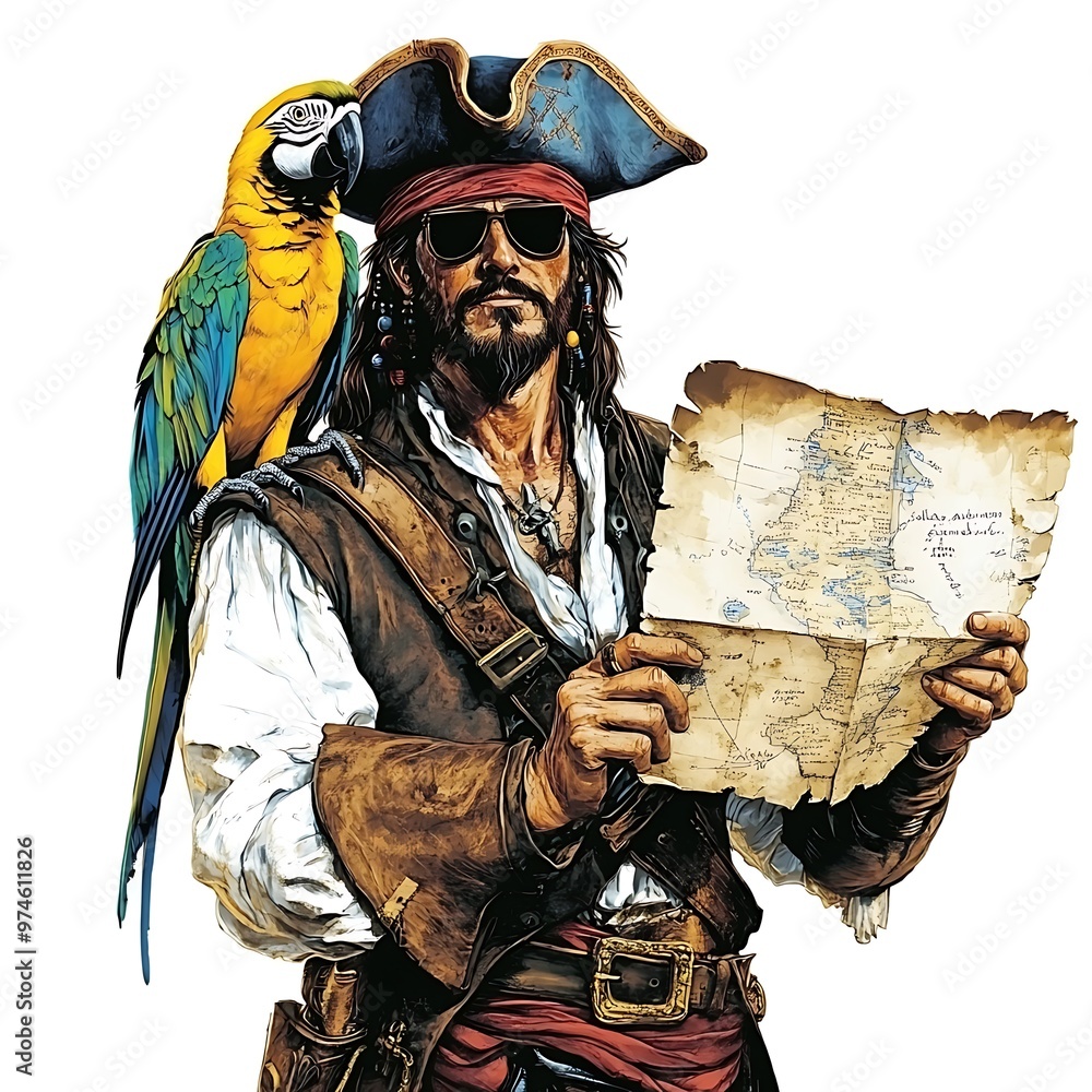 Pirate Captain with Parrot and Treasure Map. Stock Illustration | Adobe ...
