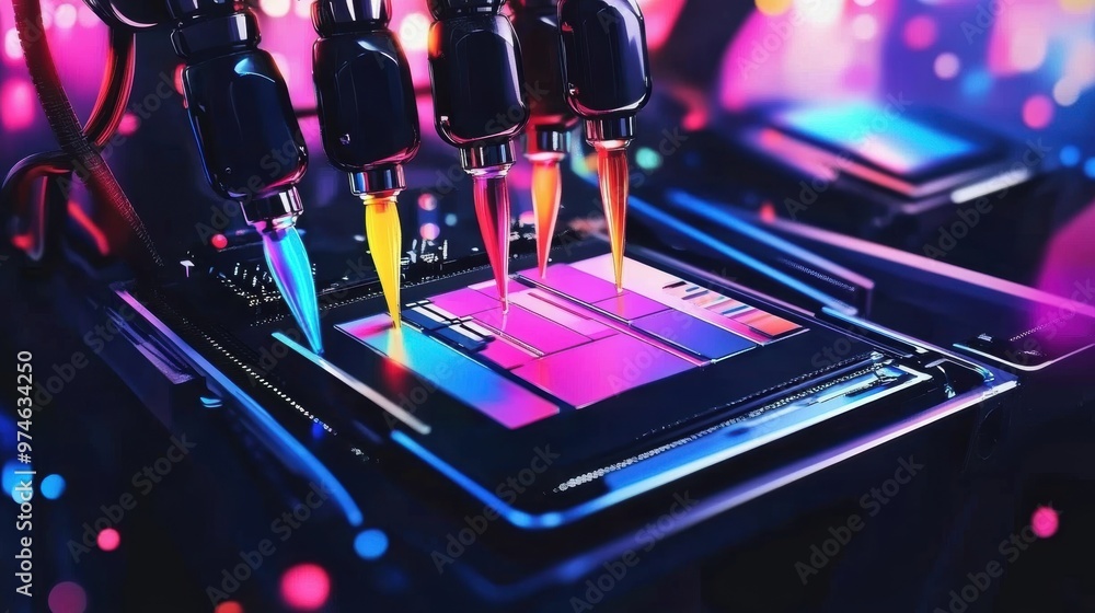 Futuristic Robotic Arms Assembling Circuit Boards in Neon Colors Stock ... Futuristic Robotic Arms Assembling Circuit Boards in Neon Colors Stock ...