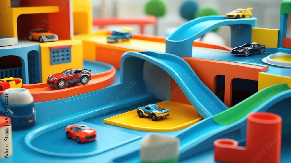 A 3D toy car garage set, with different levels, ramps, and small ...