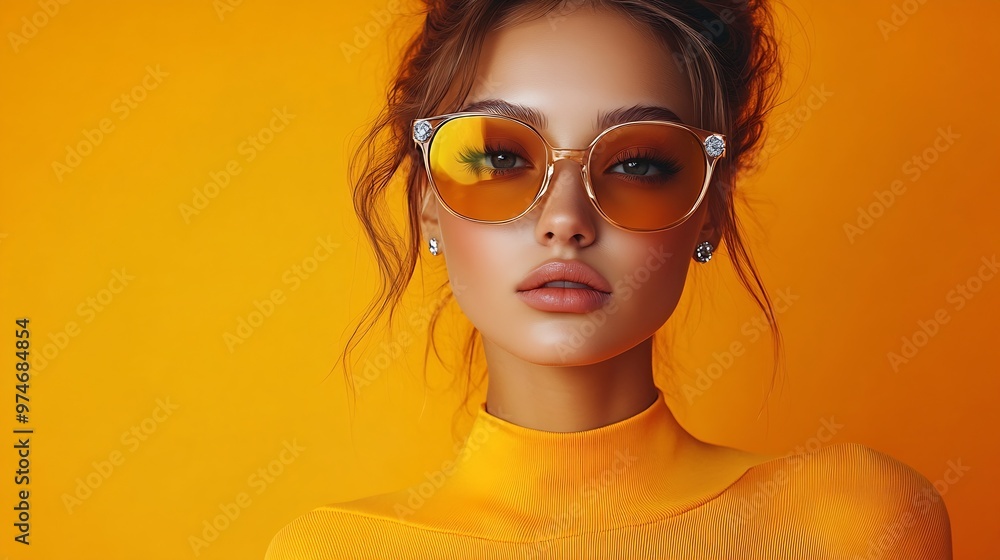 Fashion model girl posing in stylish diamondshaped glasses and an ...