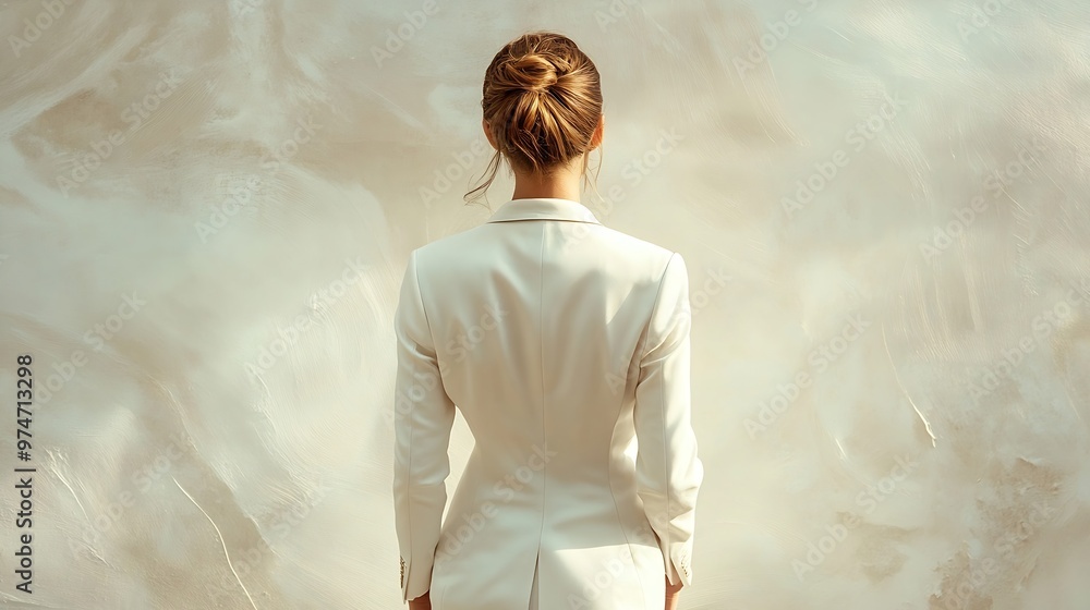 rear view of elegant fashion model with bun hair in elegant white suit ...