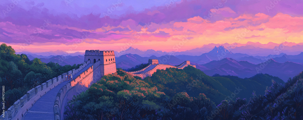 The Great Wall of China at sunrise, with the first light of day touching the ancient stones and ...