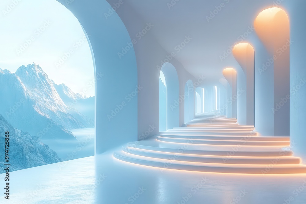 minimalist architectural render airy white space tilted light blue ...