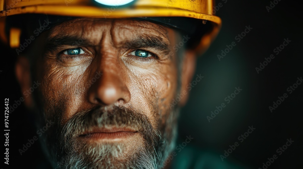 A worker wearing a safety helmet is shown in close-up with a blurred ...