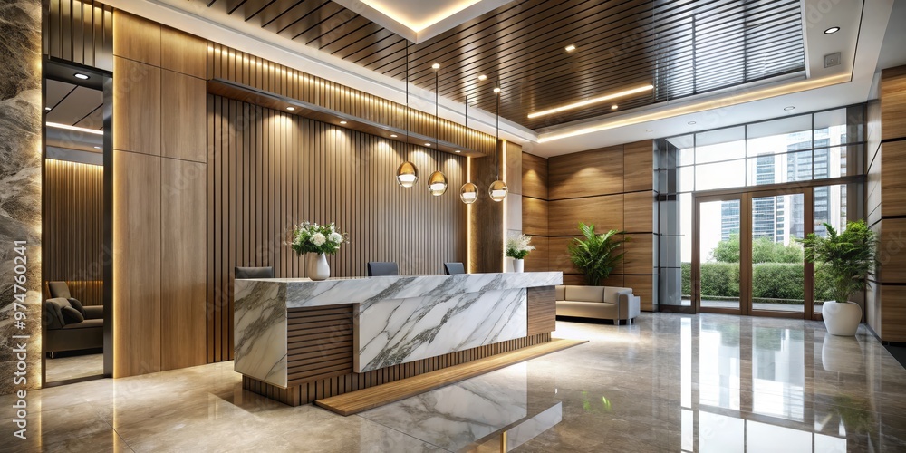 Modern Hotel Lobby Interior Design with Marble Reception Desk and ...