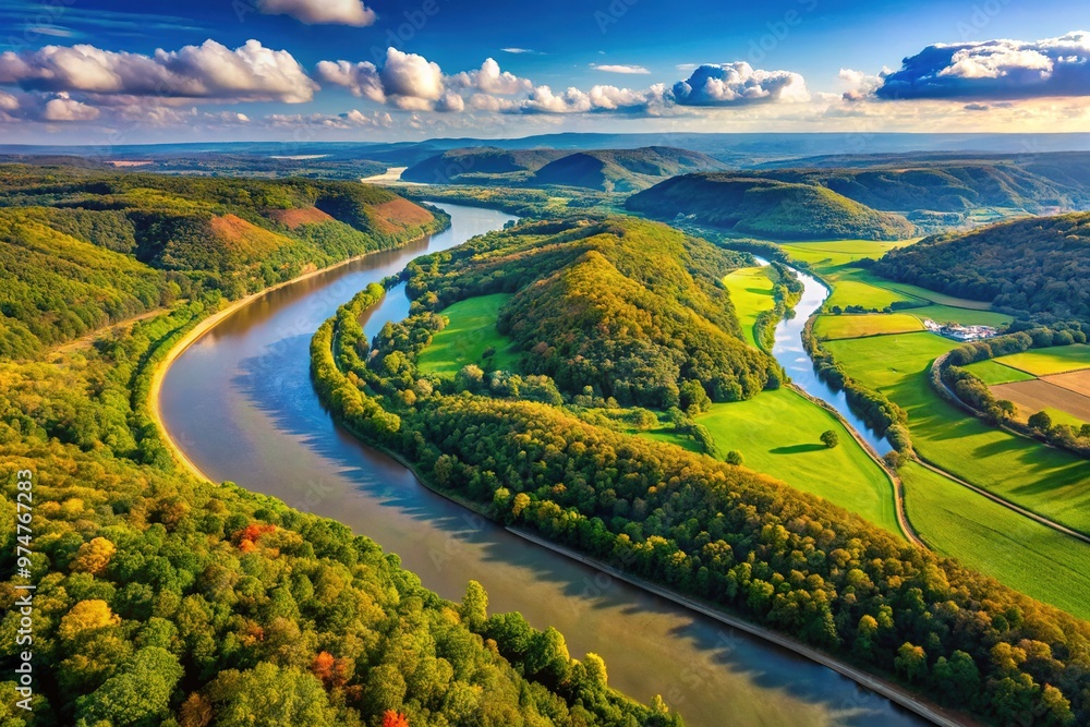Aerial view of the Ohio River flowing through the rolling hills and ...