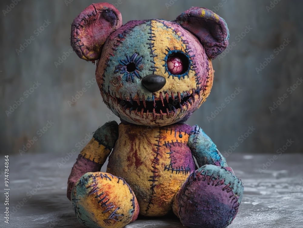 Cute zombie teddy bear with stitches, one eye missing, playful grin ...