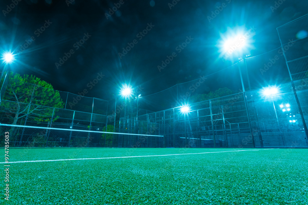 Padel court with lights and net outdoor. Night photo. Open tour poster ...