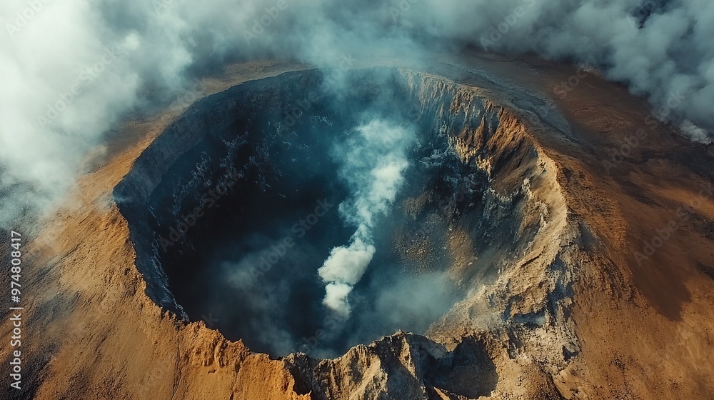 Overhead shot of a volcanic crater with smoke rising, surrounded by ...