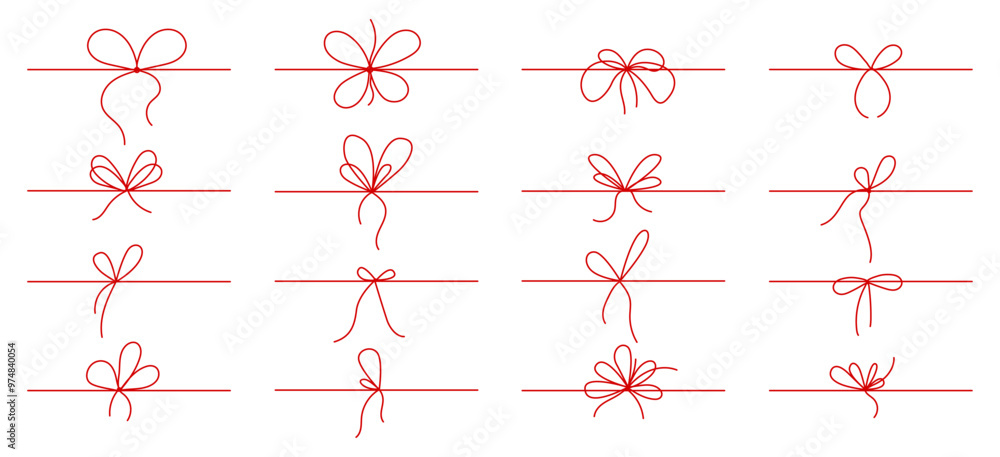Line gift ribbon border. Red bow gift ribbons minimal line set. Elegant ...