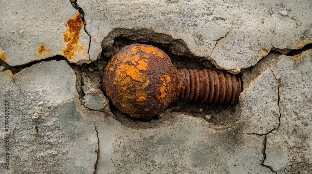 rusted bolt embedded in a cracked and weathered concrete surface. The ...