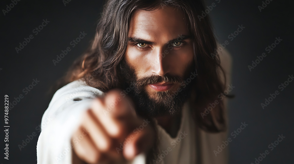 Jesus Christ, with long dark hair, bright light eyes and a serene look ...