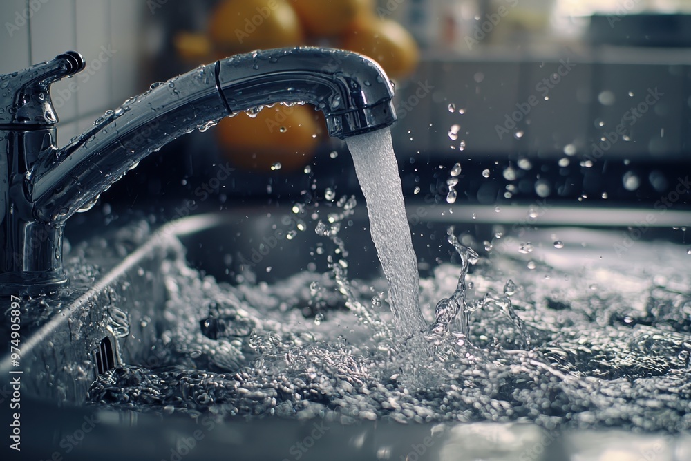 A steady stream of water flowing from a tap in a kitchen, highlighting ...