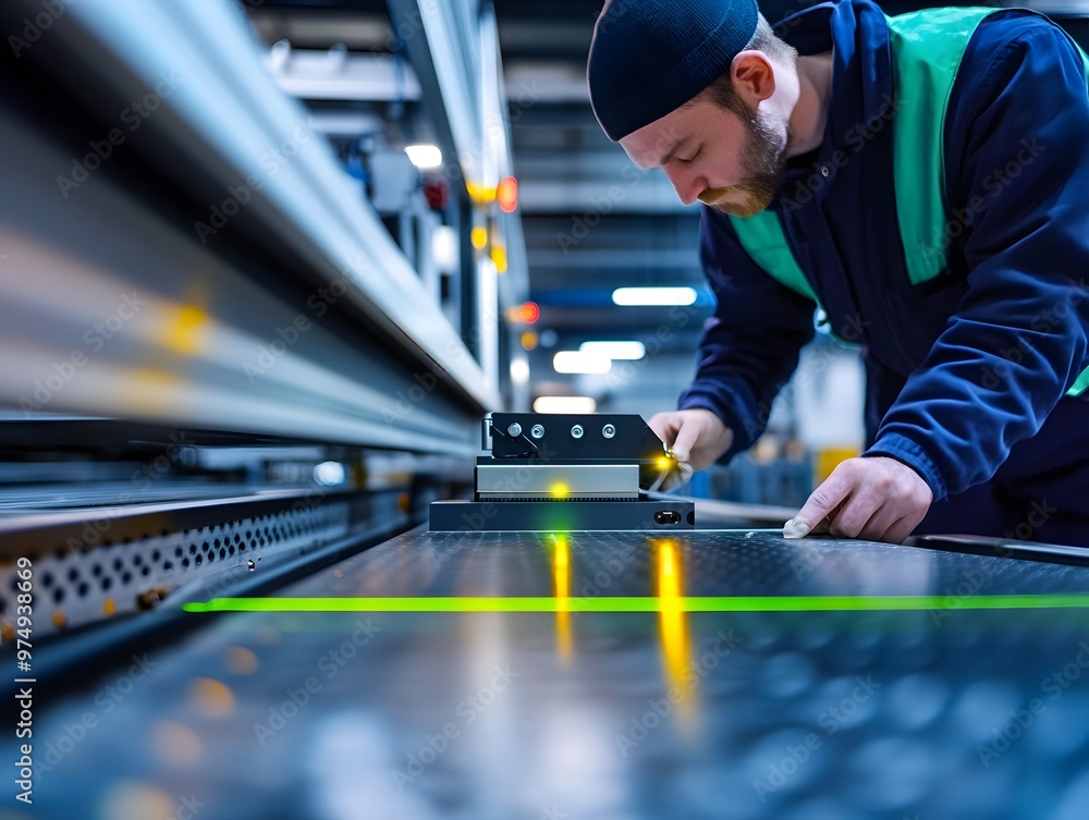 Technician checking product alignment with a laser level on a ...