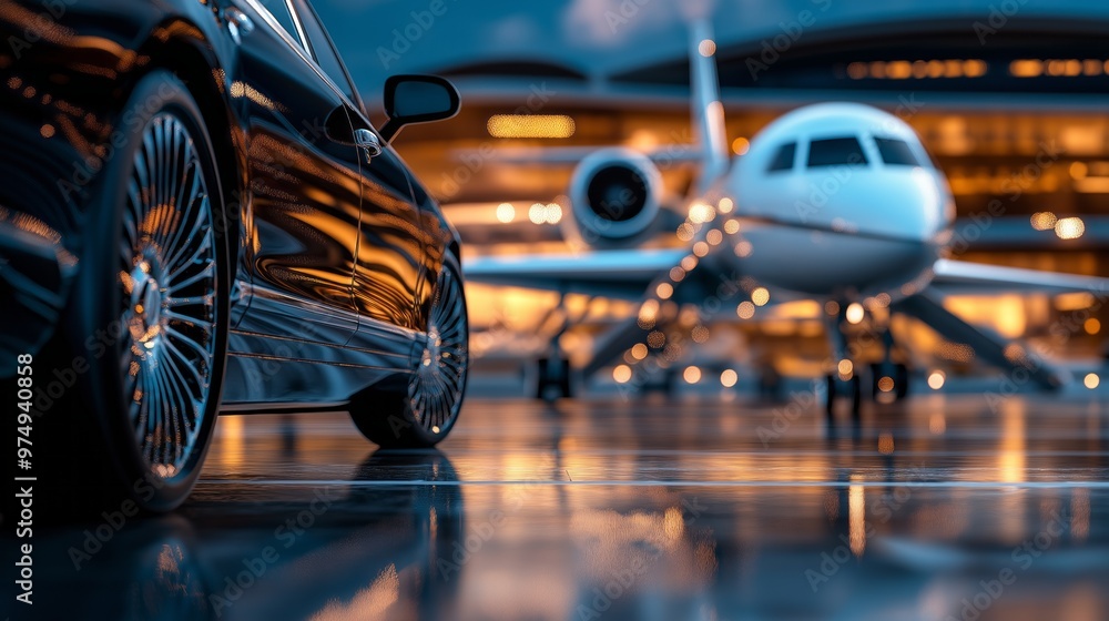 luxury car and private jet waiting at an airport during twilight ...
