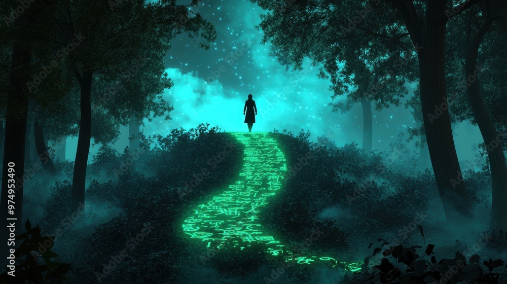 A figure following a trail of cryptic symbols leading into a deep ...
