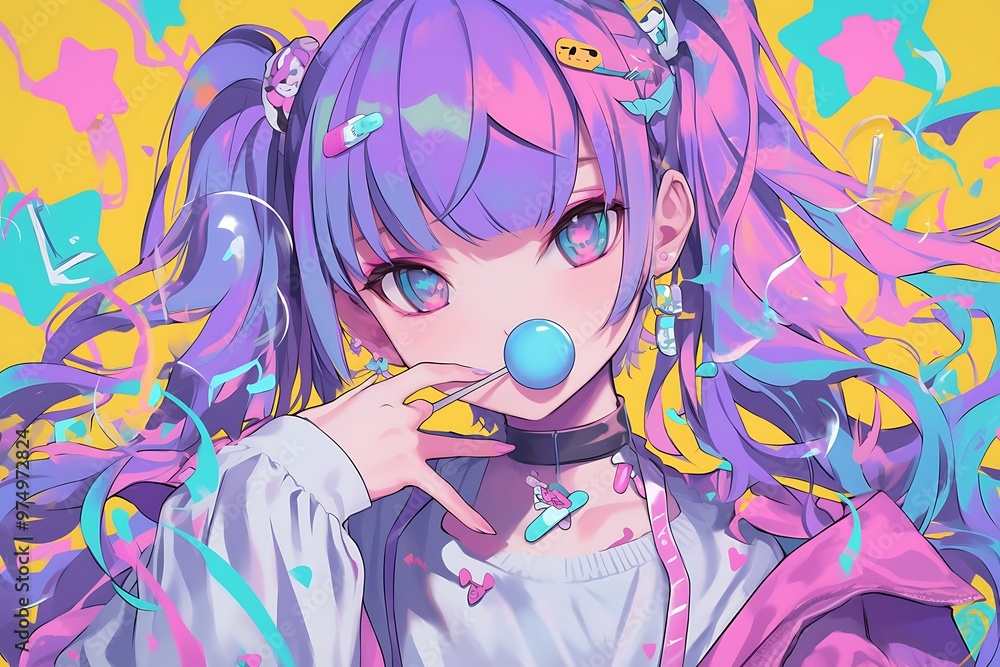 Cute Anime Girl with Purple Hair and Blue Eyes, Pastel Aesthetic with ...