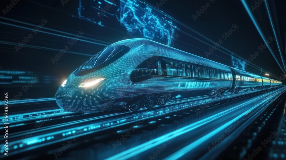 A high-speed train with glowing lines on its side is speeding forward ...
