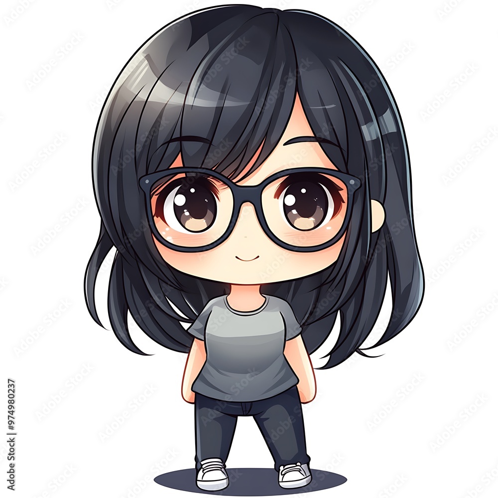 Cute anime girl chibi character with long black hair wearing glasses ...