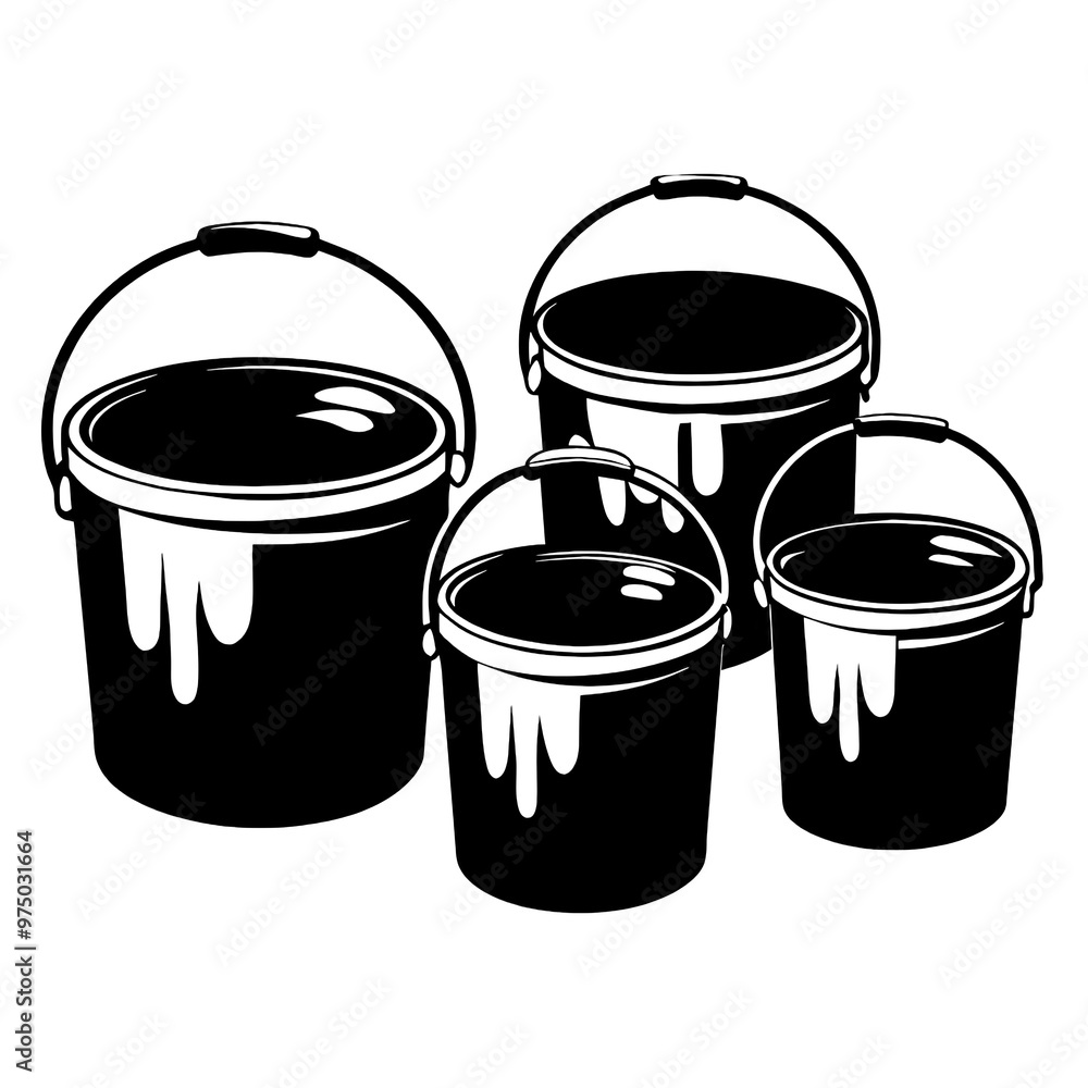 Four paint buckets of different sizes are displayed as black ...