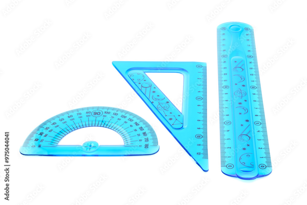 flexible, bendable, ruler and drawing protractor, blue triangle ...