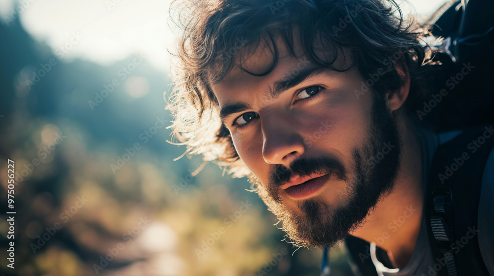 Confident young man with a rugged beard takes a break from hiking in ...