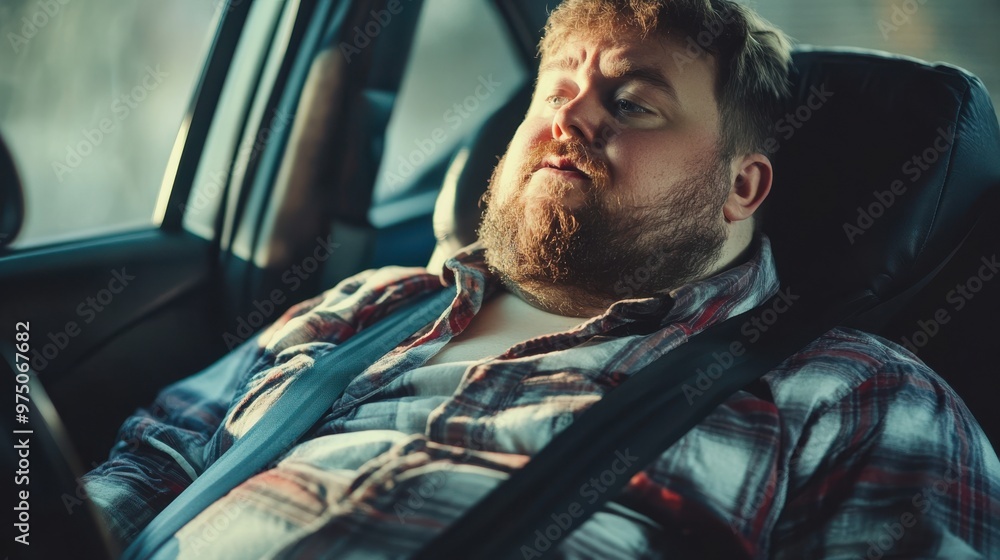 Relaxed man asleep in a car seatbelt during a sunny ride, showcasing ...