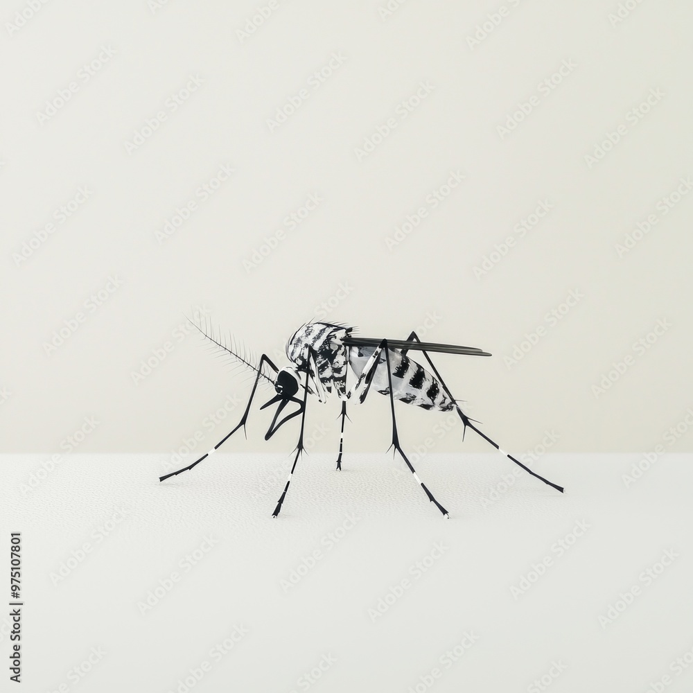 tiger mosquito stands motionless on a white surface, displaying its ...