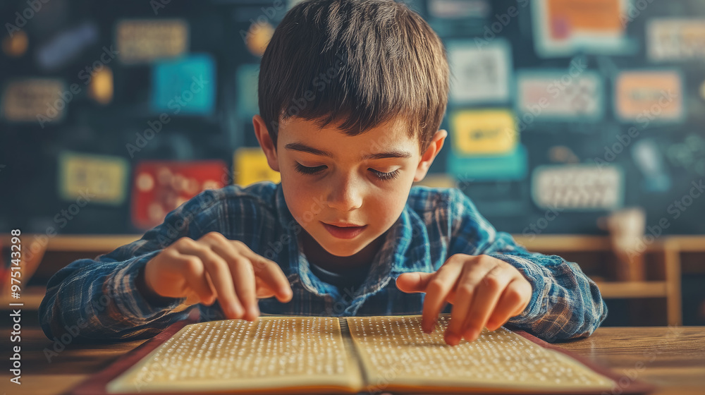 Stock-Illustration „blind child running fingers across braille book ...