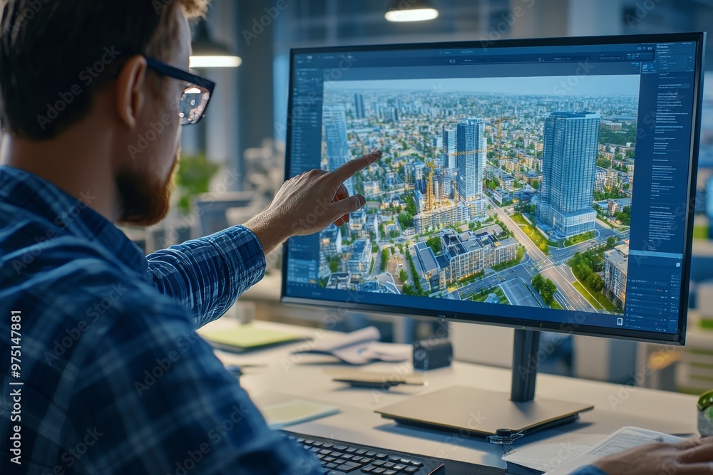 Engineer collaborates on digital twin project using bim technology for ...