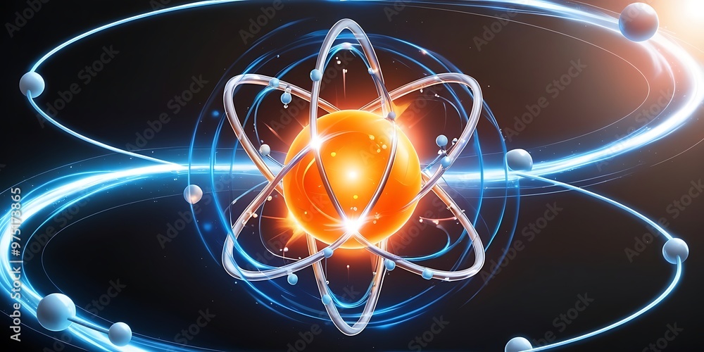 Visualization of atomic structure with electrons orbiting a nucleus, representing fundamental ...