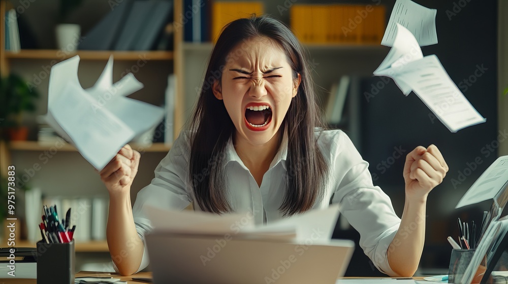 Asian millennial entrepreneur or female office worker who is screaming ...