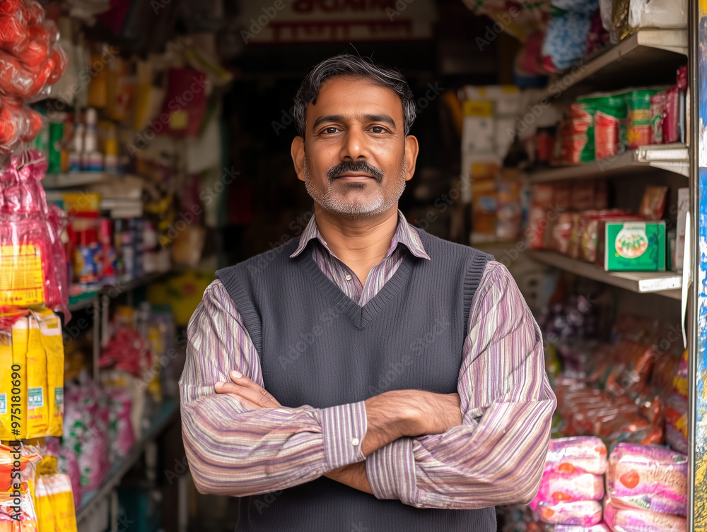 Confident Indian Business Owner Standing at Shop Entrance Stock Photo ...