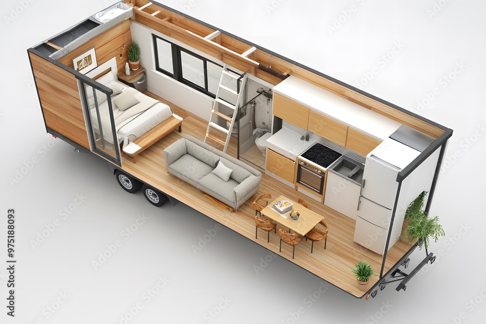 A 3D top-down view of a tiny house on wheels, with a compact but ...