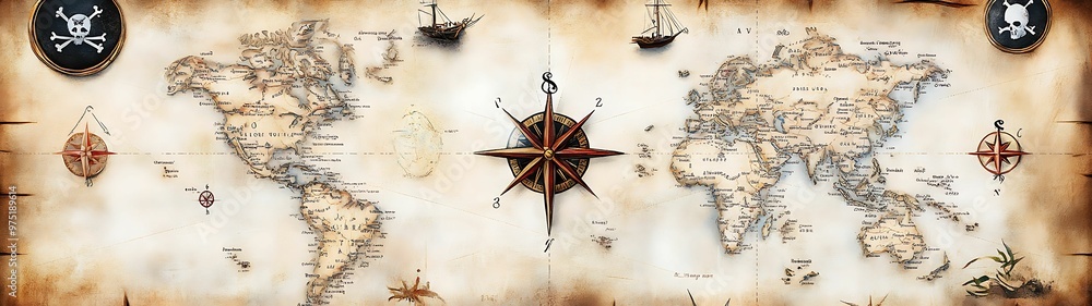 Mystical Pirate Map in Watercolor Doodle Style with Fantasy Lighting ...