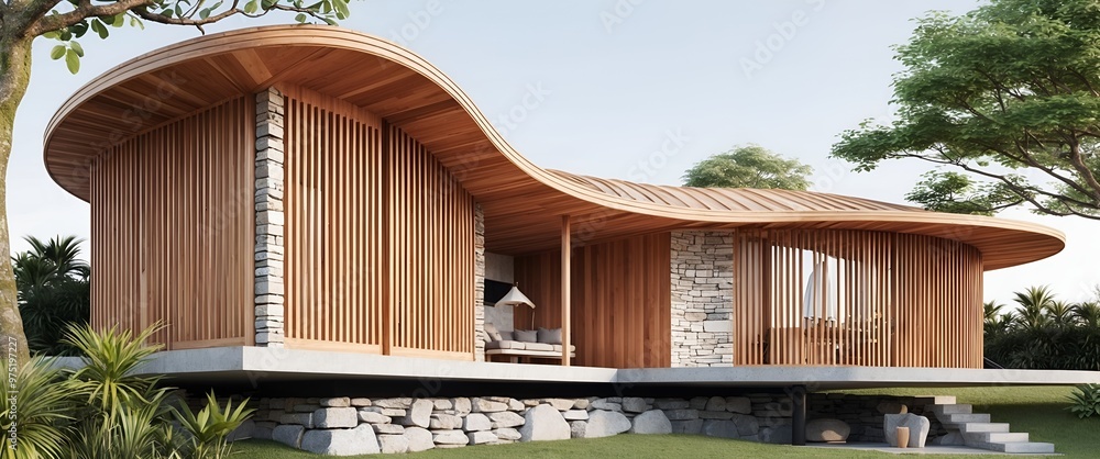 modern, stylish house with a unique curved roof design. The structure ...