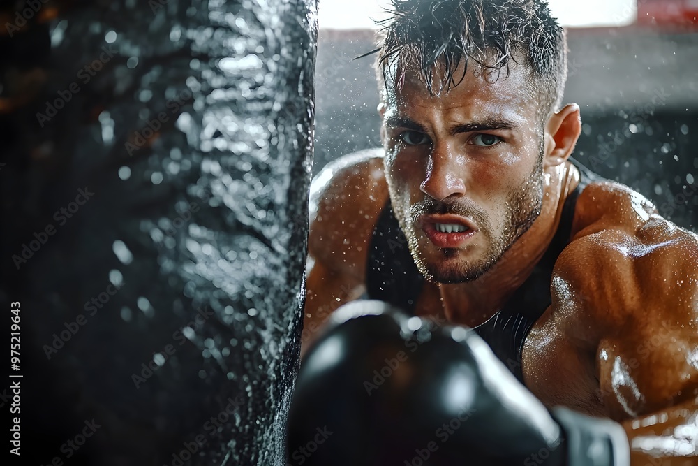 Determined man aggressively punching a punching bag in a gym setting ...