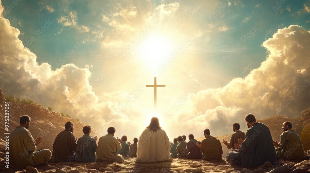 Jesus Christ and His disciples praying under a radiant light from ...